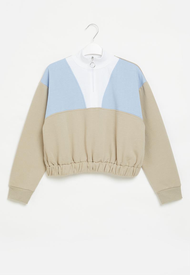 Crop quarter zip top - white/blue/stone