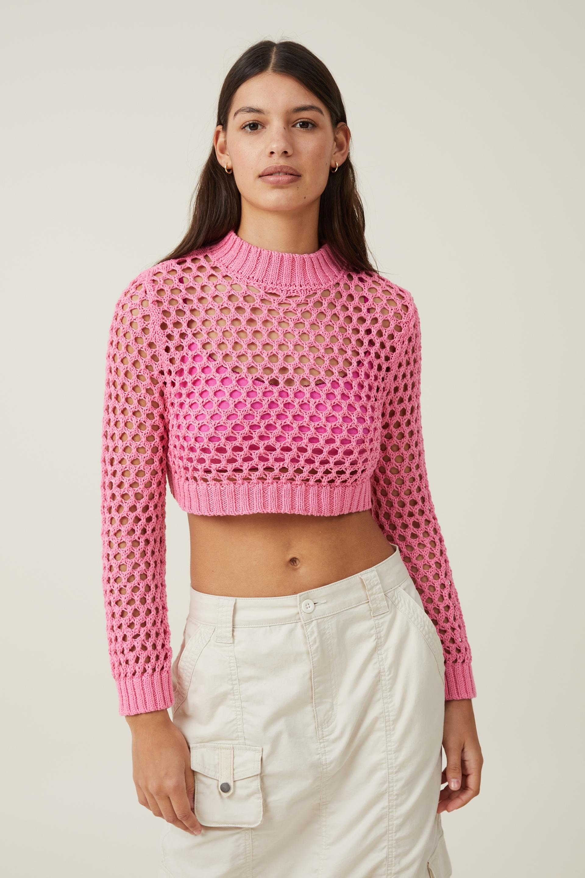 Open knit crop pullover - sweet pink