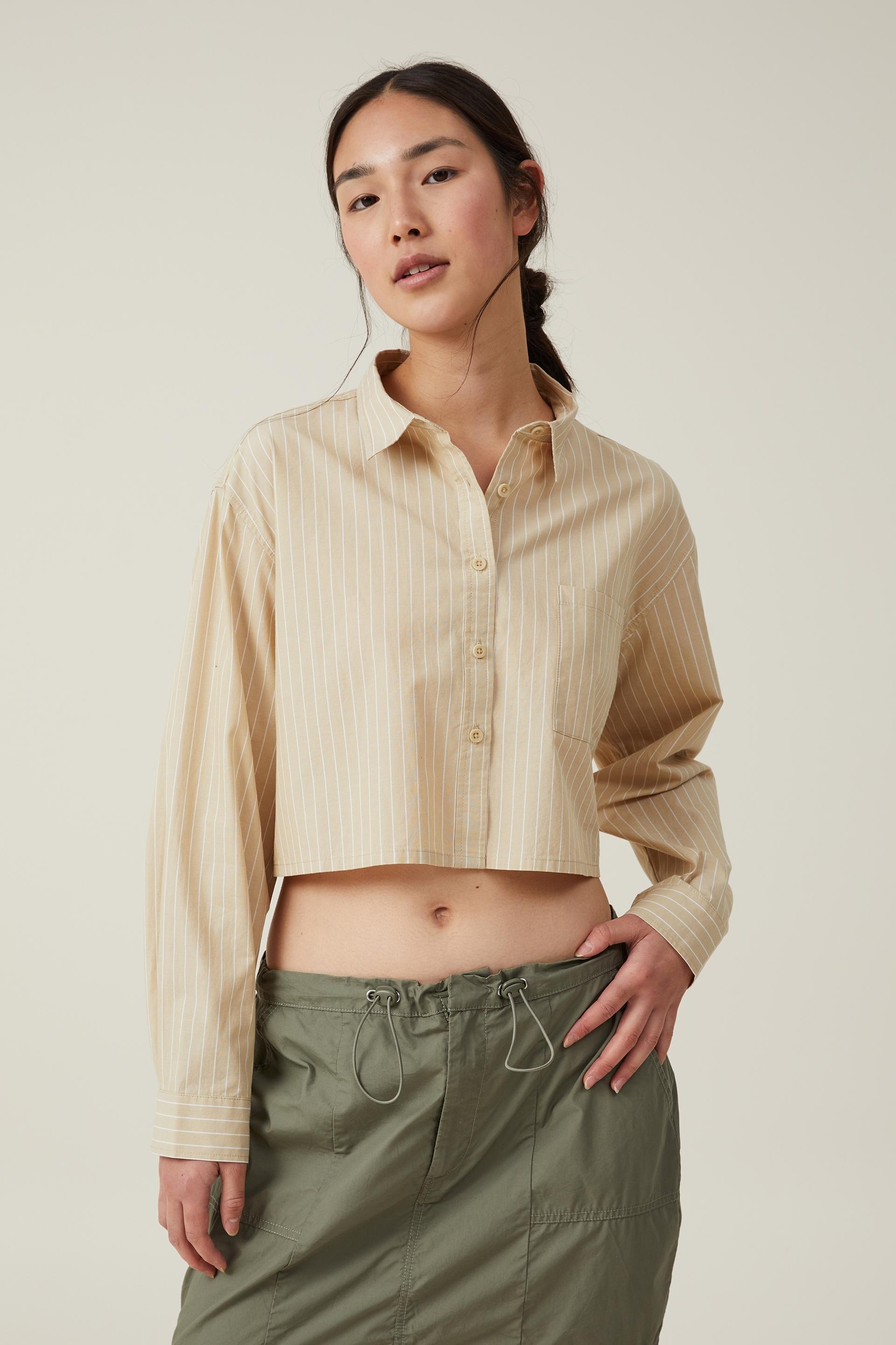 Cropped Dad Shirt Penny Pinstripe Light Sand Cotton On Shirts