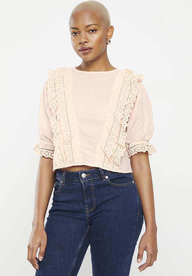 Lace frill blouse - salmon pink