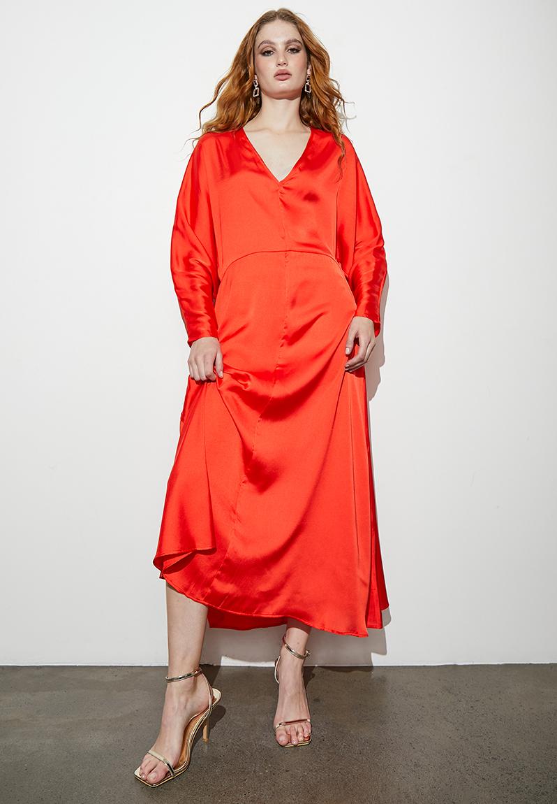 Satin dolman sleeve maxi dress - fiesta orange