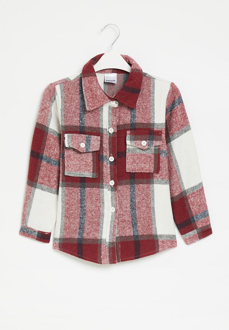 Boys check shacket - red