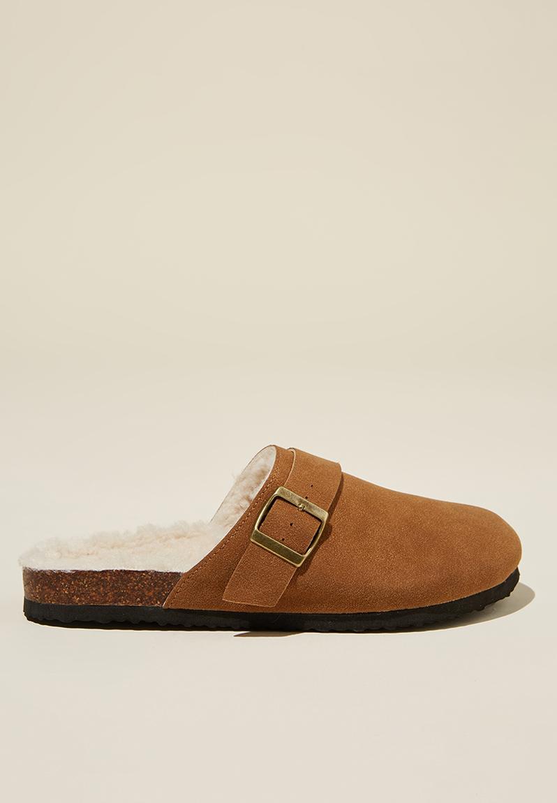 Rex buckle mule - sienna brown micro sherpa