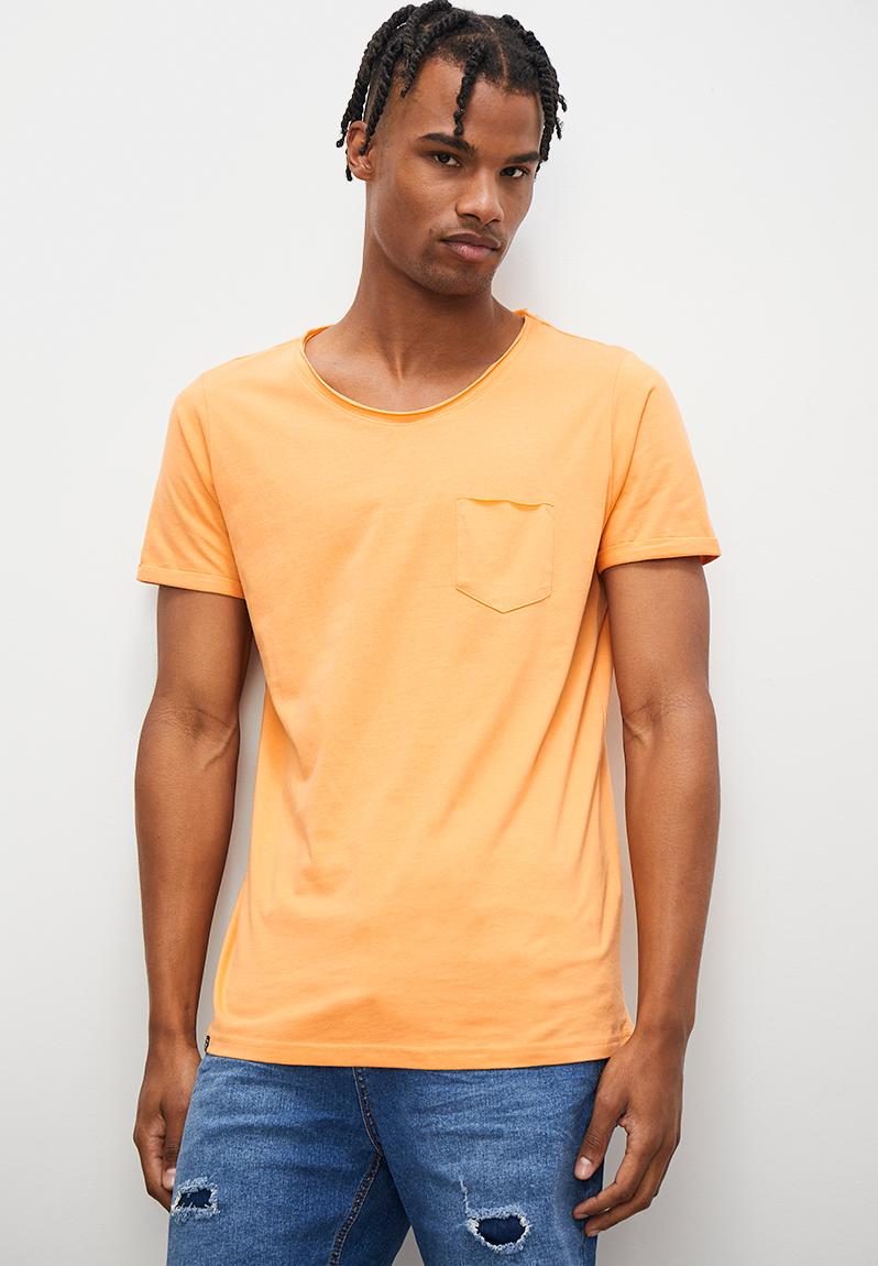 Raw Edge Crew Neck Pocket Tee - light orange