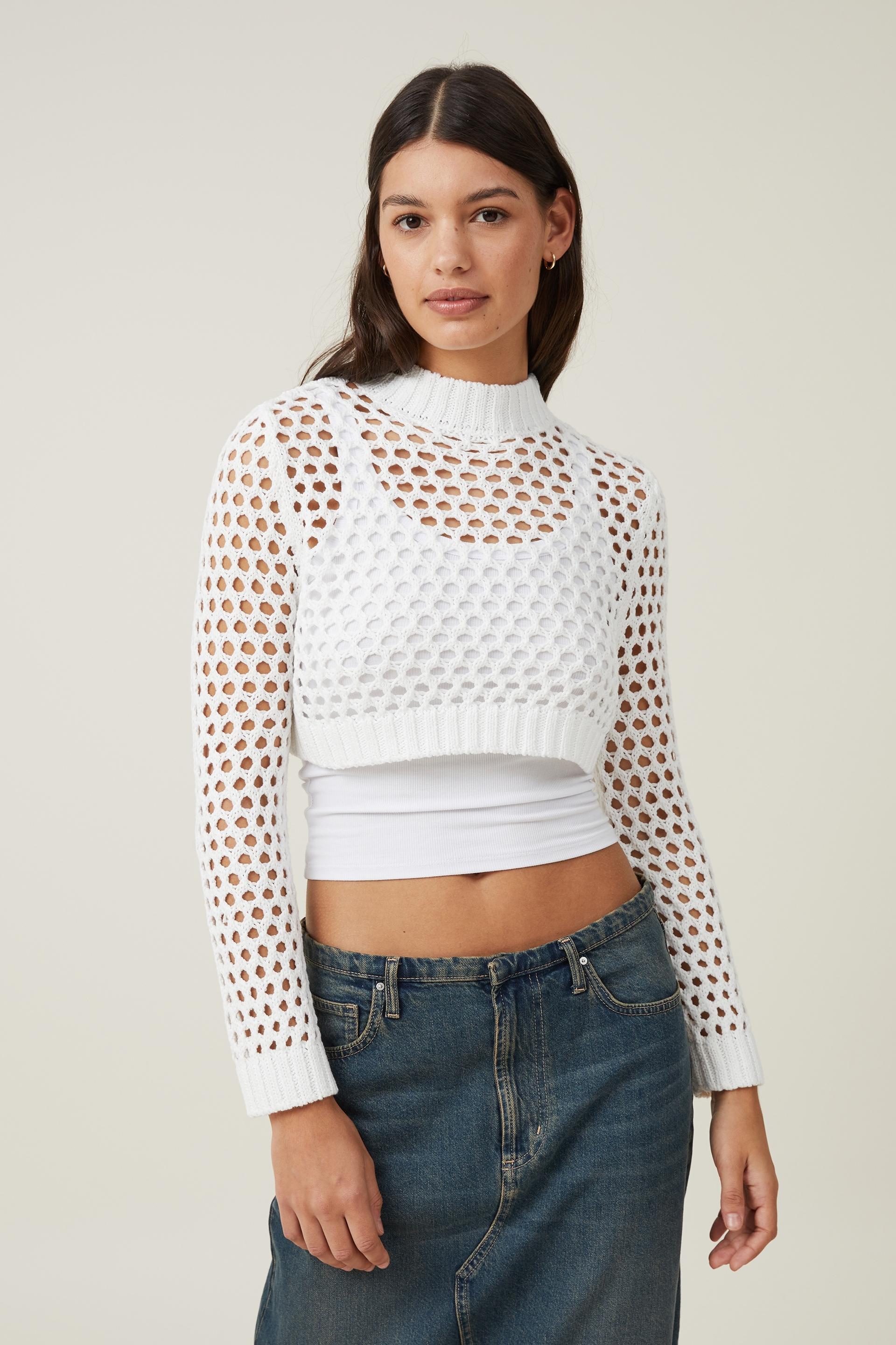 Open knit crop pullover - white