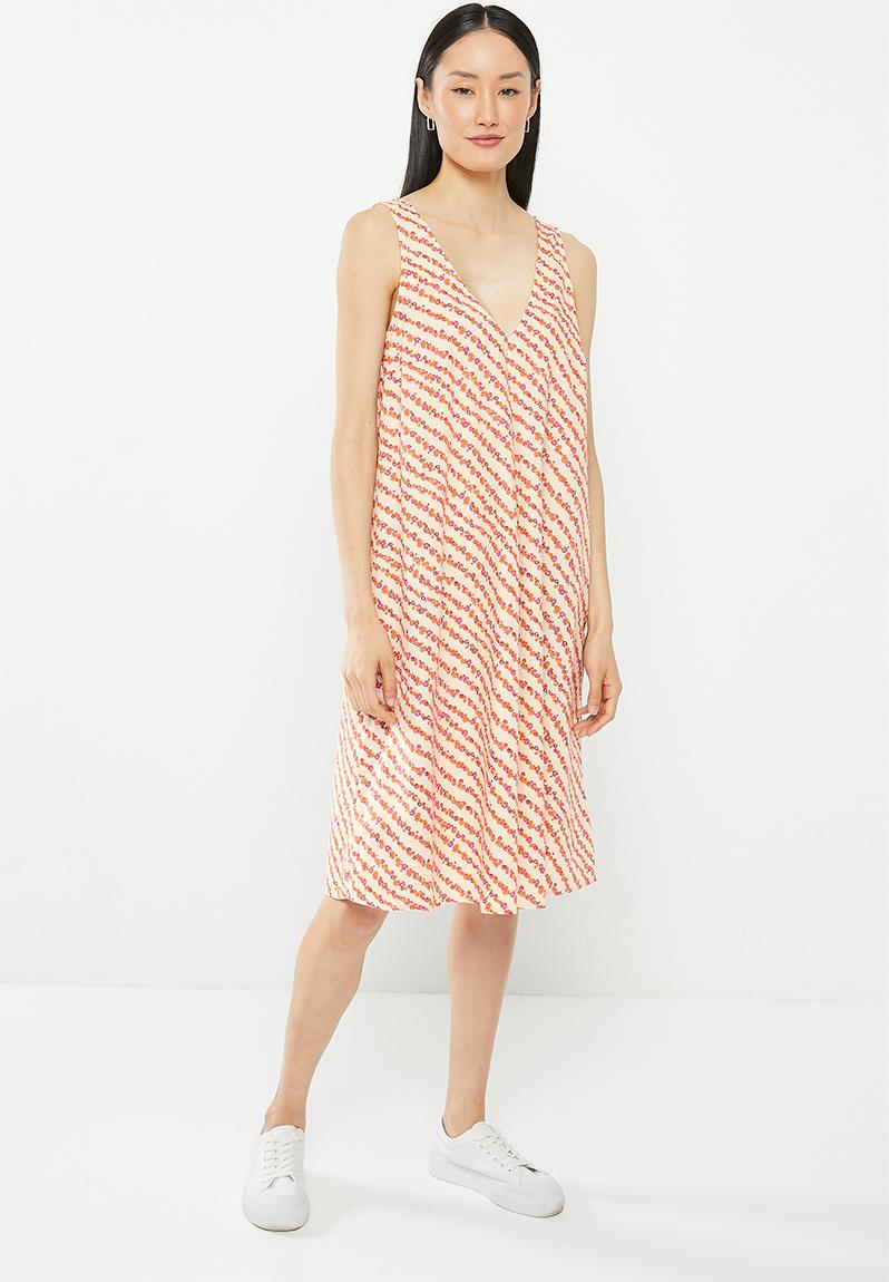 Line aop sleeveless spencer dress - birch/red/orange