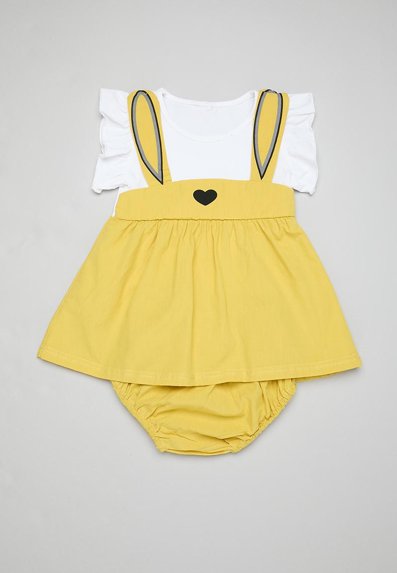 Baby short sleeve girls dress - yellow & white