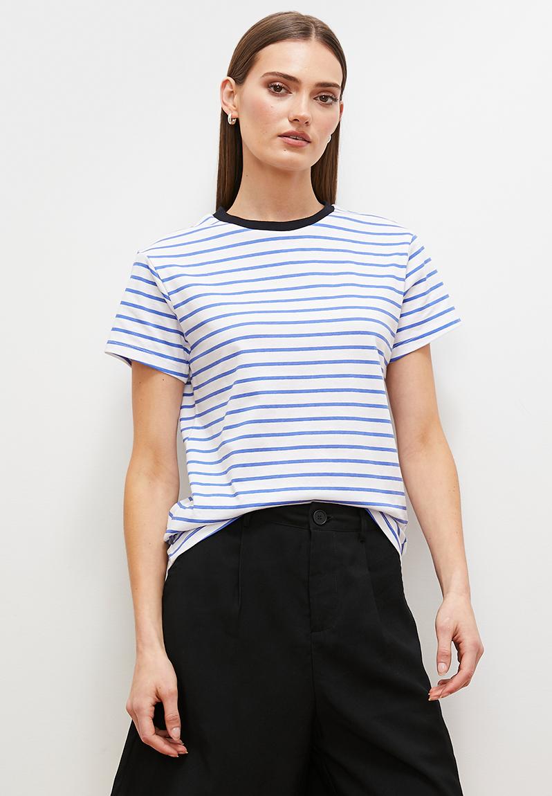 Ladies striped tee contrast neckline - blue stripes edit T-Shirts ...