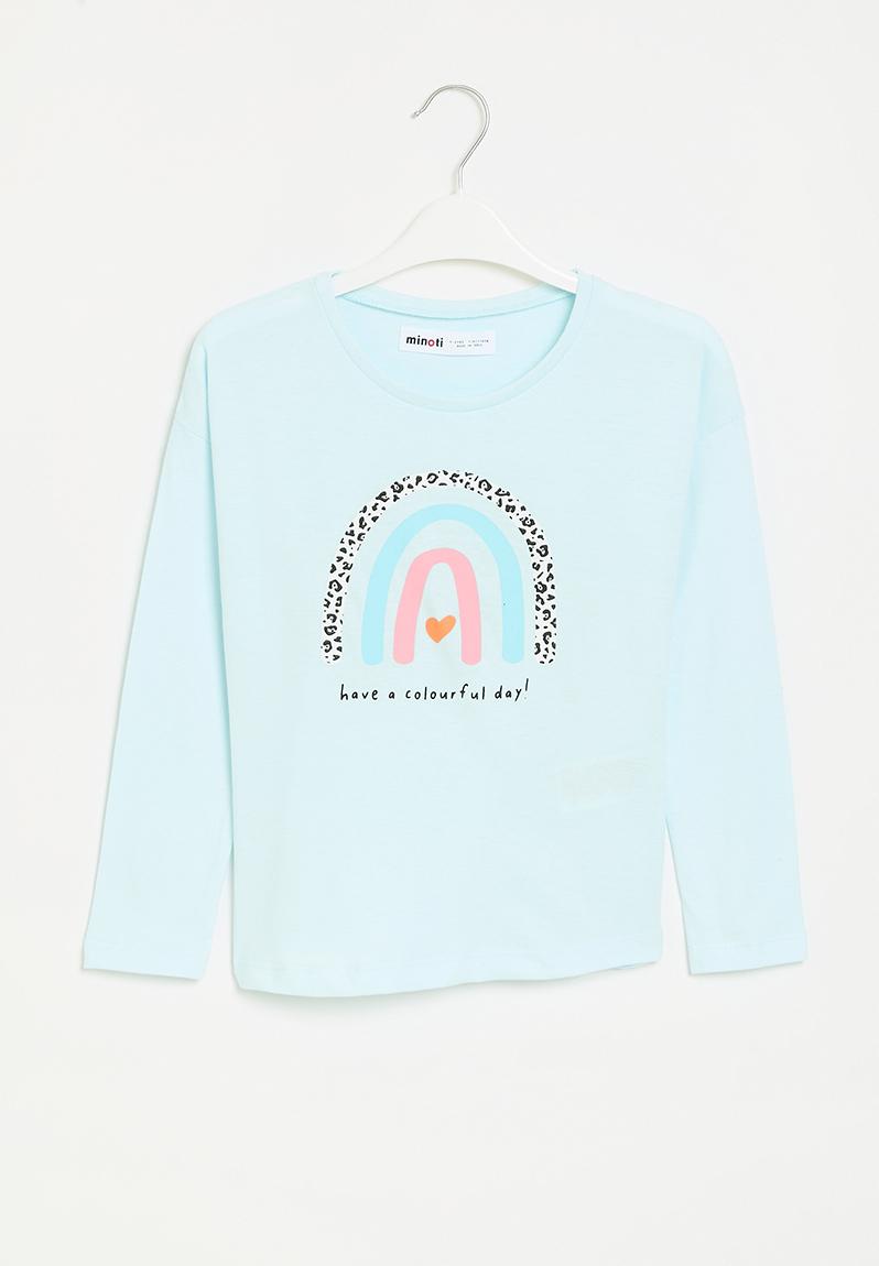 Girls basic colourful day graphic l/s top - light blue MINOTI Tops ...