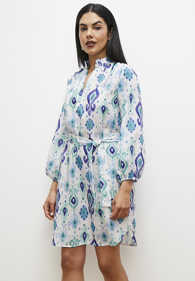 Printed shift dress with belt - ikat