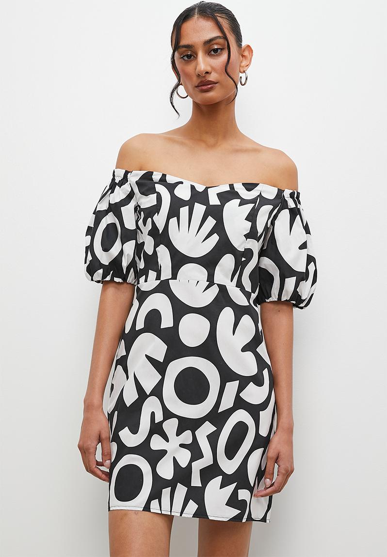 Puff sleeve mini shift dress - abstract