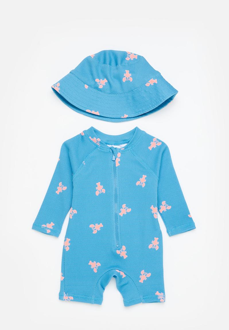 Bundle cameron swimsuit and swim bucket hat - blue fizz/lobsters