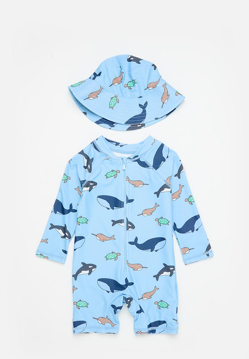 Bundle cameron swimsuit and swim bucket hat - sky haze/whaley waters