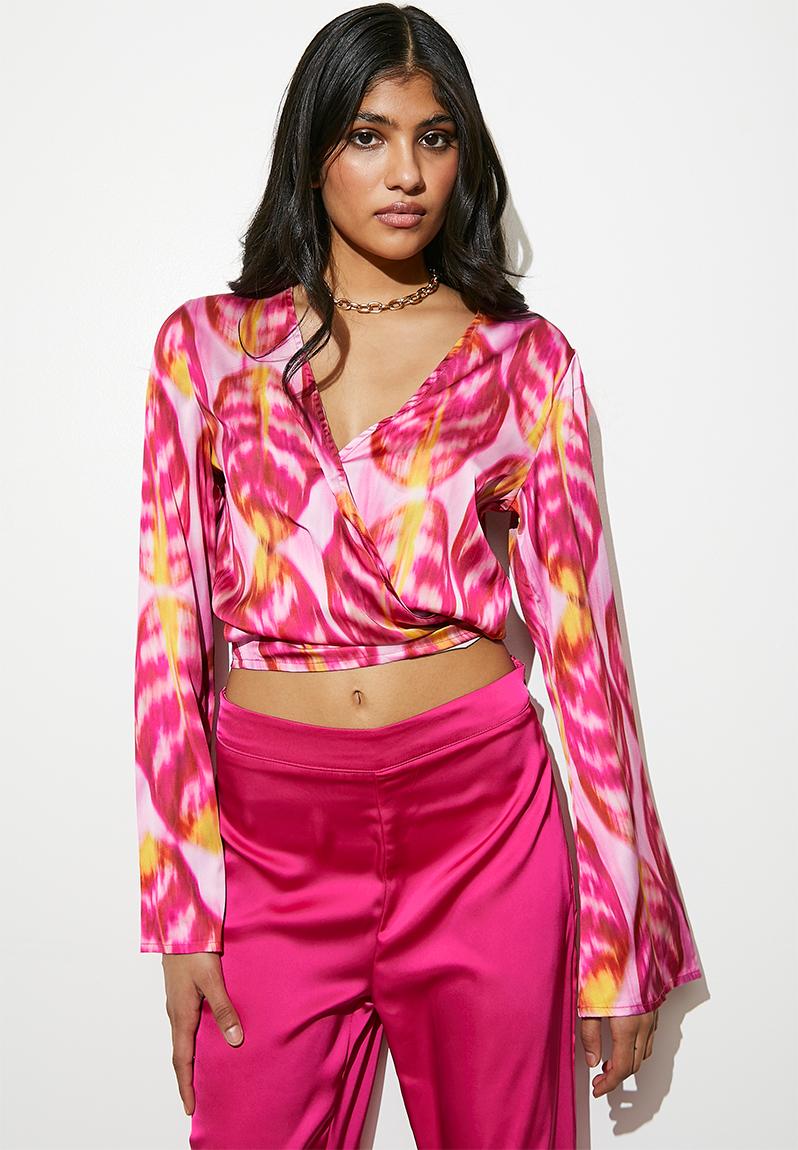 Printed wrap woven blouse - pink tye dye
