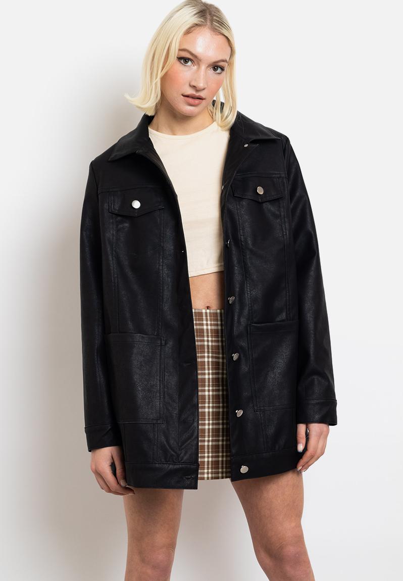 Long line pu trucker jacket - black