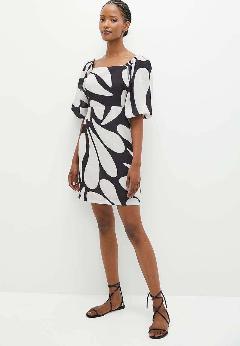 Square neck puff sleeve mini dress - tear drop ecru