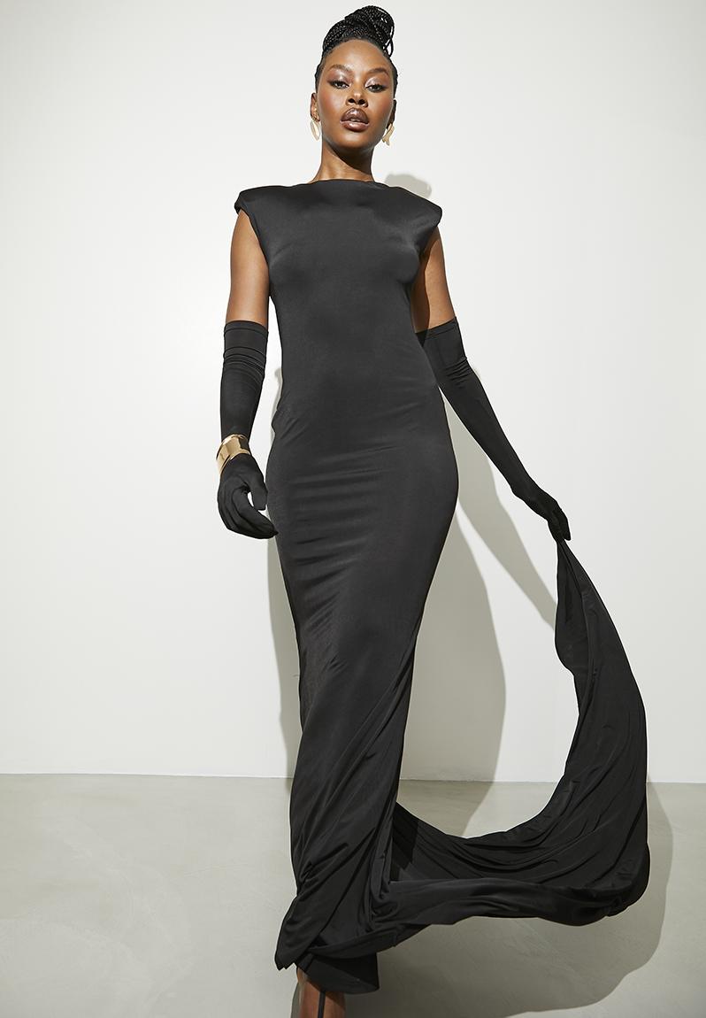 Orapeleng Back Cut-Out Train Dress with Gloves - Black