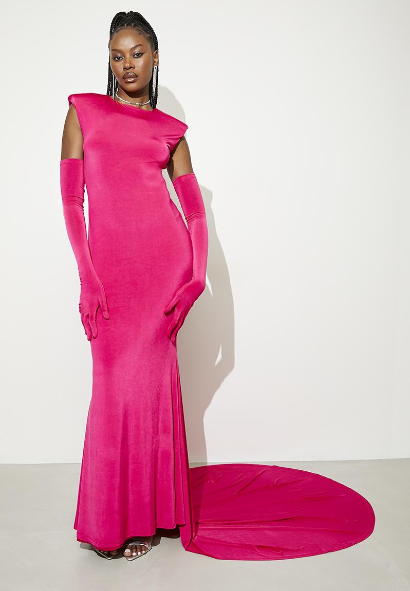 Orapeleng Back Cut-Out Train Dress with Gloves - Fuschia