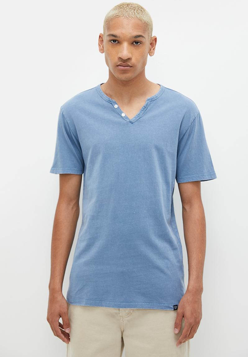 Enzyme Wash Notch Neck Tee - Blue