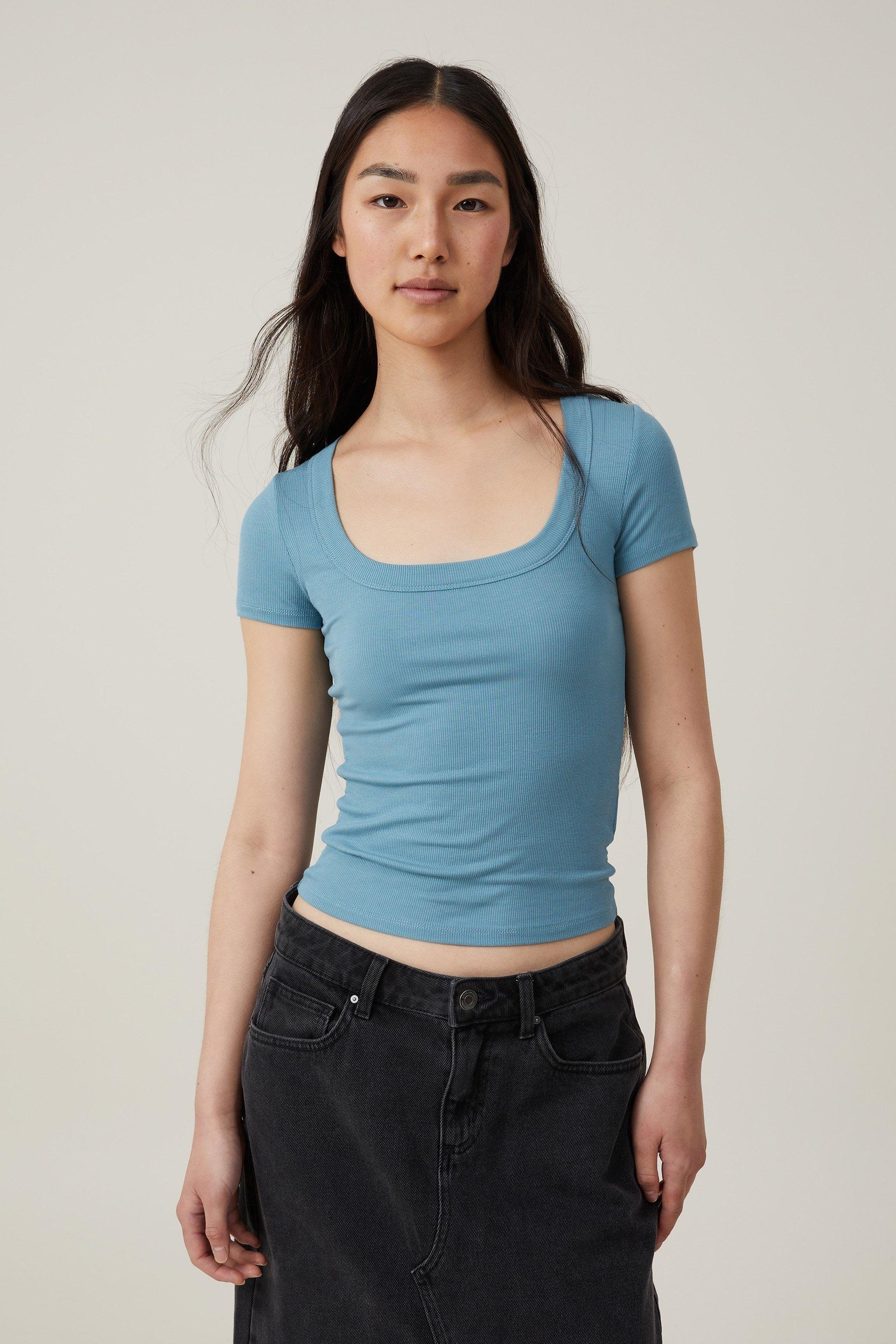 Staple Rib Scoop Neck Short Sleeve Top - Aspen Blue