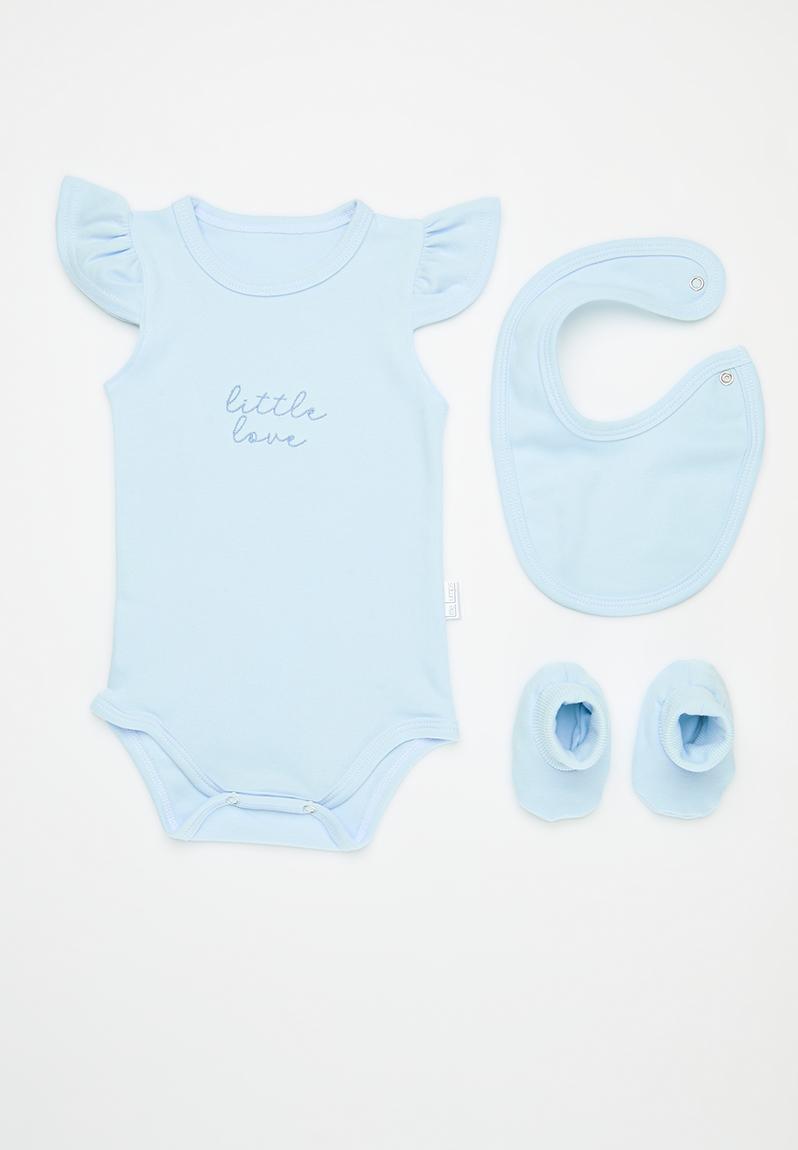 3 Pack Frill onesie, booties & bib set - blue