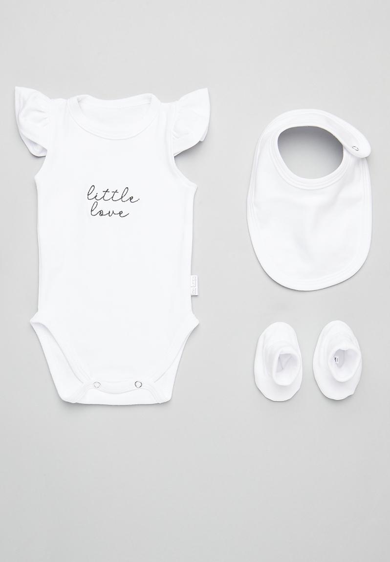 3Pk Frill onesie, booties & bib set - white Little Lumps Sets ...