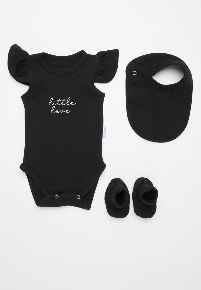 Frilled jumpsuit, booties & bib set - Black