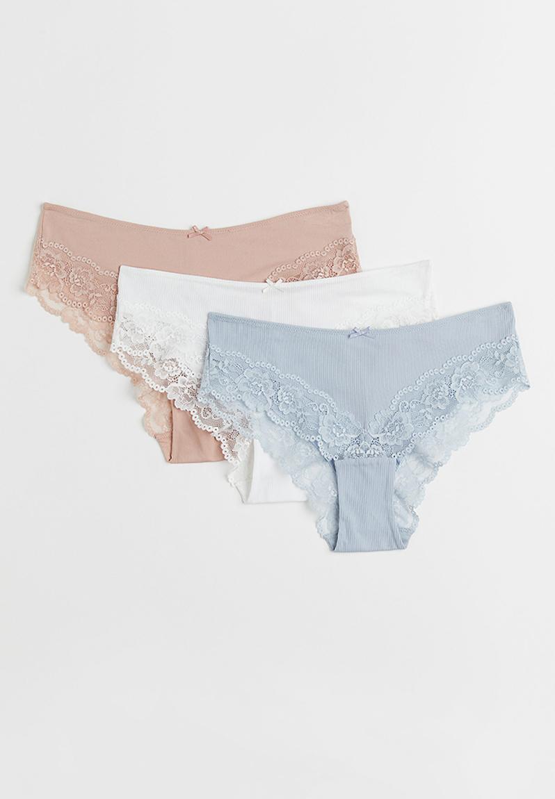 3 Pack Lace Trimmed Hipster Briefs Light Blue White Powder Pink