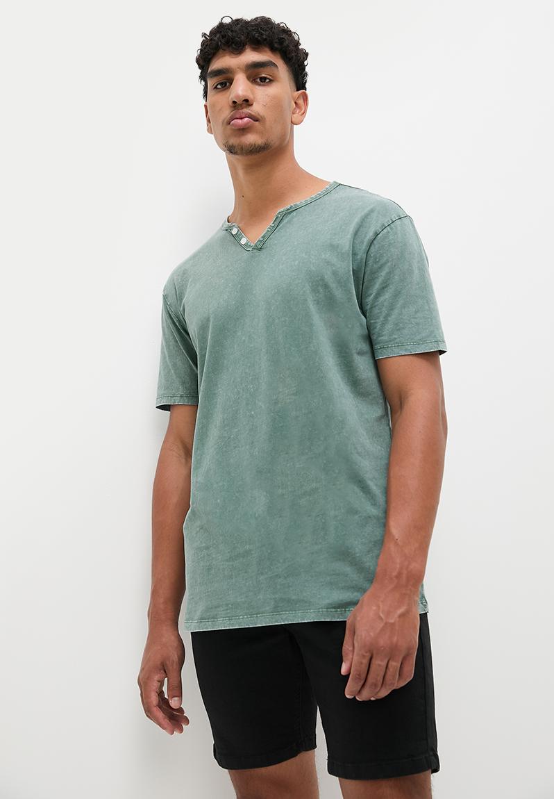 Enzyme Wash Notch Neck Tee - Olive