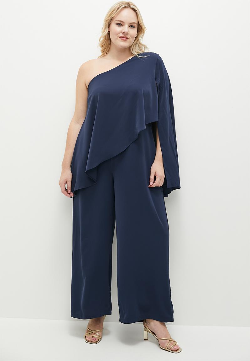 Asymmetric cape wide leg jumpsuit - navy.