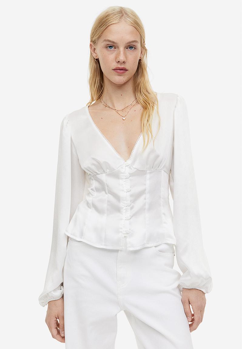 Balloon-sleeved satin blouse - white - 1174909001 H&M Blouses ...