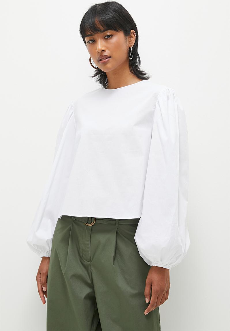 Poplin statement sleeve blouse - white