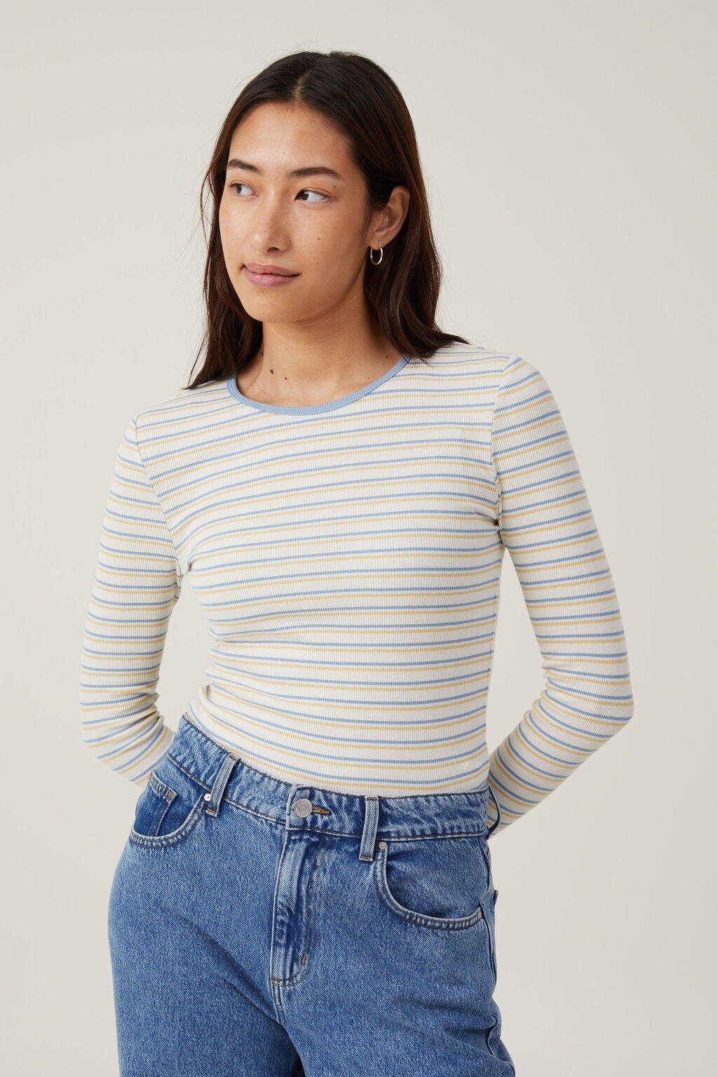 The One Organic Rib Crew Long Sleeve Top - Dee Stripe Horizon Blue/Soft ...