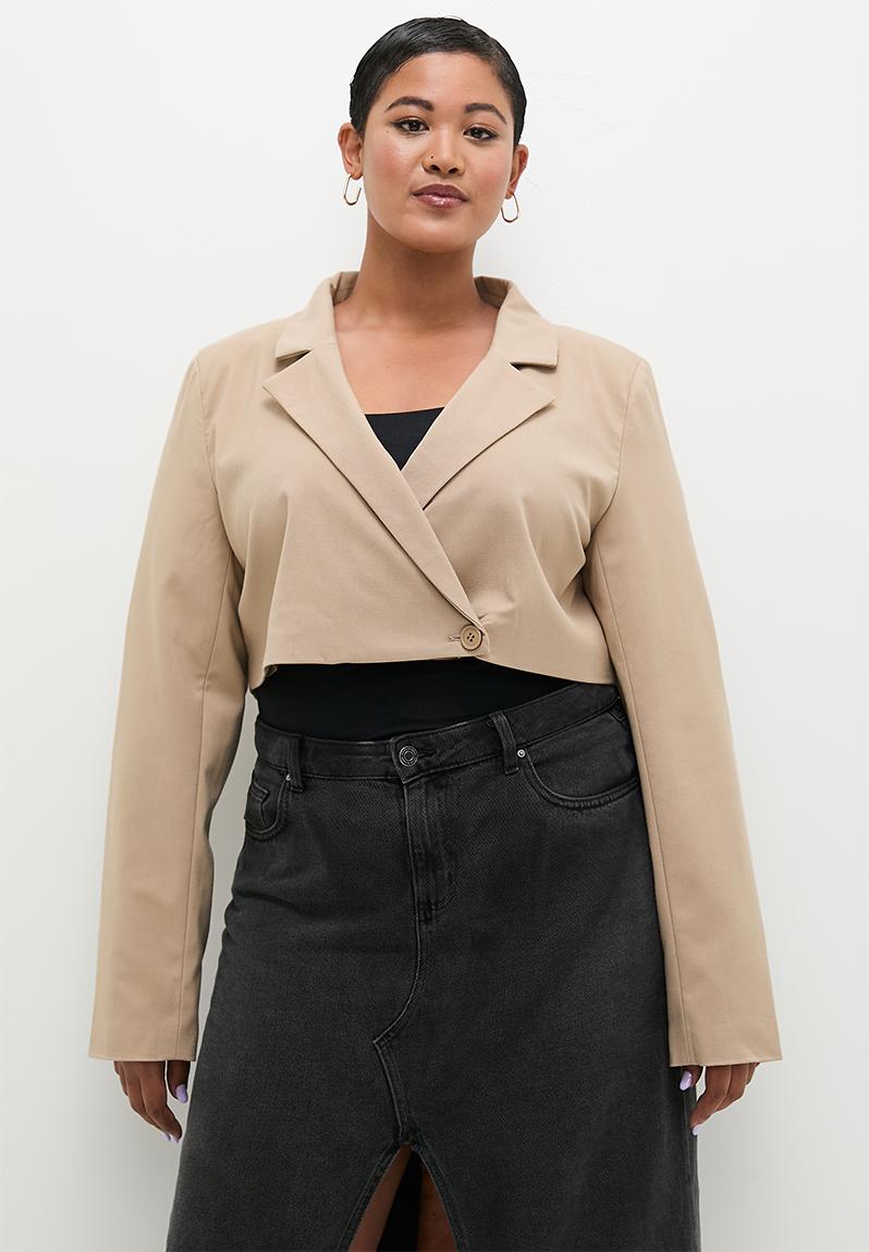 Plus Cropped Blazer - Mid Taupe