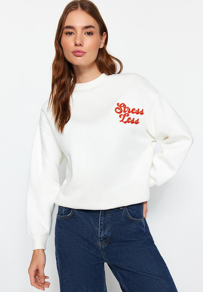Slogan embroidery fleece sweatshirt - ecru Trendyol Hoodies & Sweats ...