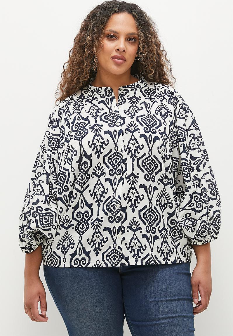 Gauged dolman sleeve blouse - tile print