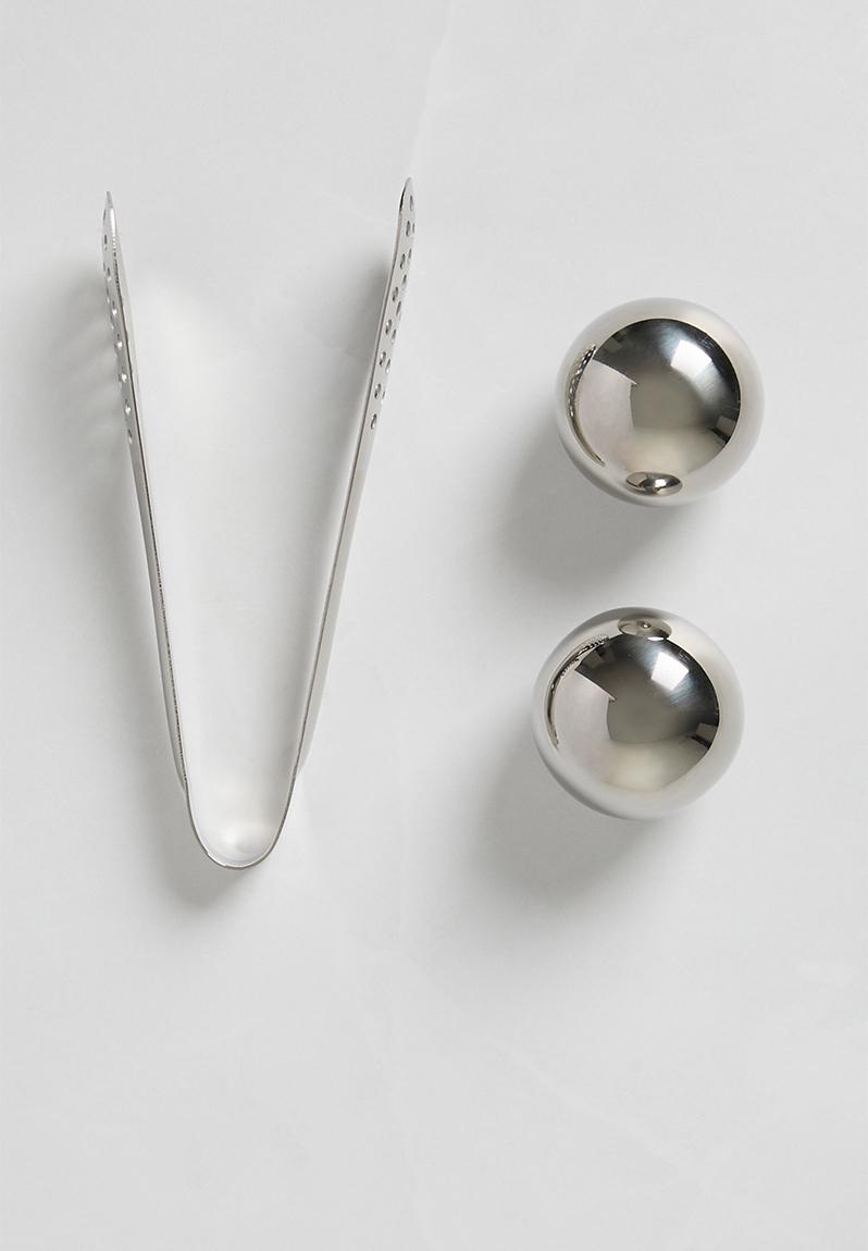 Spherical ice balls & tongs combo - sliver