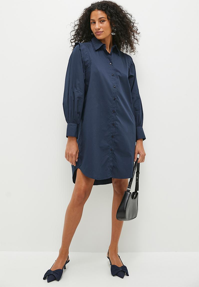 Extend sleeve shoulder midi shirt dress - ink