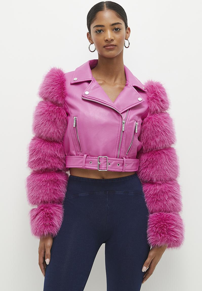Fur Sleeve Pu Body Biker Combo Jacket - Cerise Pink