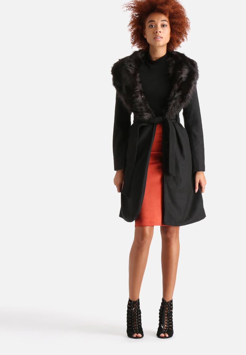 Long Tie Belt Faux Fur Collar Coat - Black AX Paris Coats | Superbalist.com