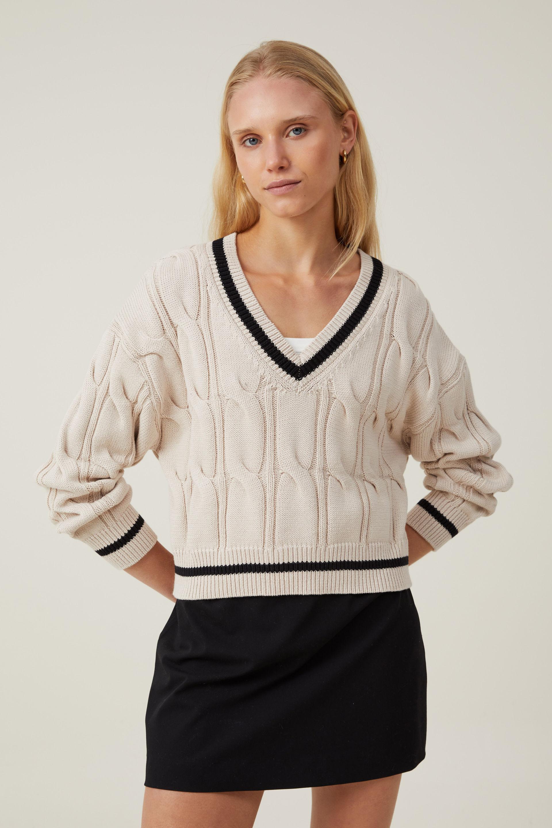 Cable Cotton V-Neck Pullover - Stone/ Black