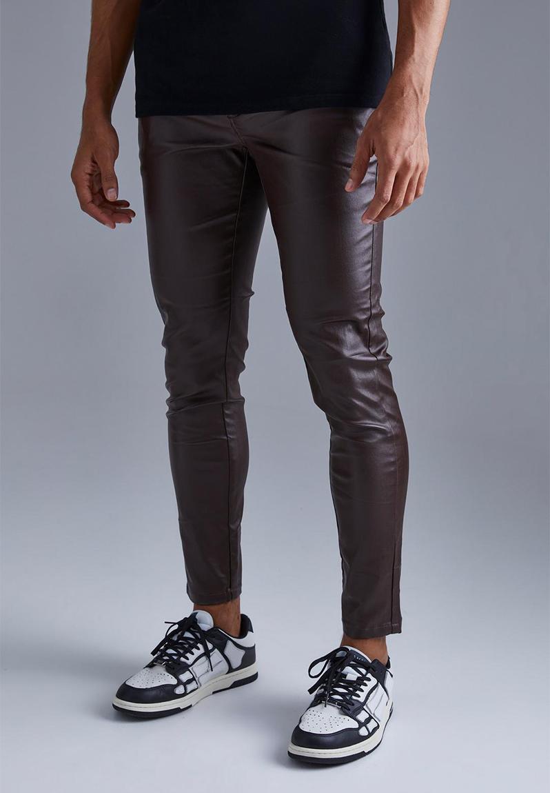 Skinny fit coated twill trouser - chocolate boohooMAN Pants & Chinos ...