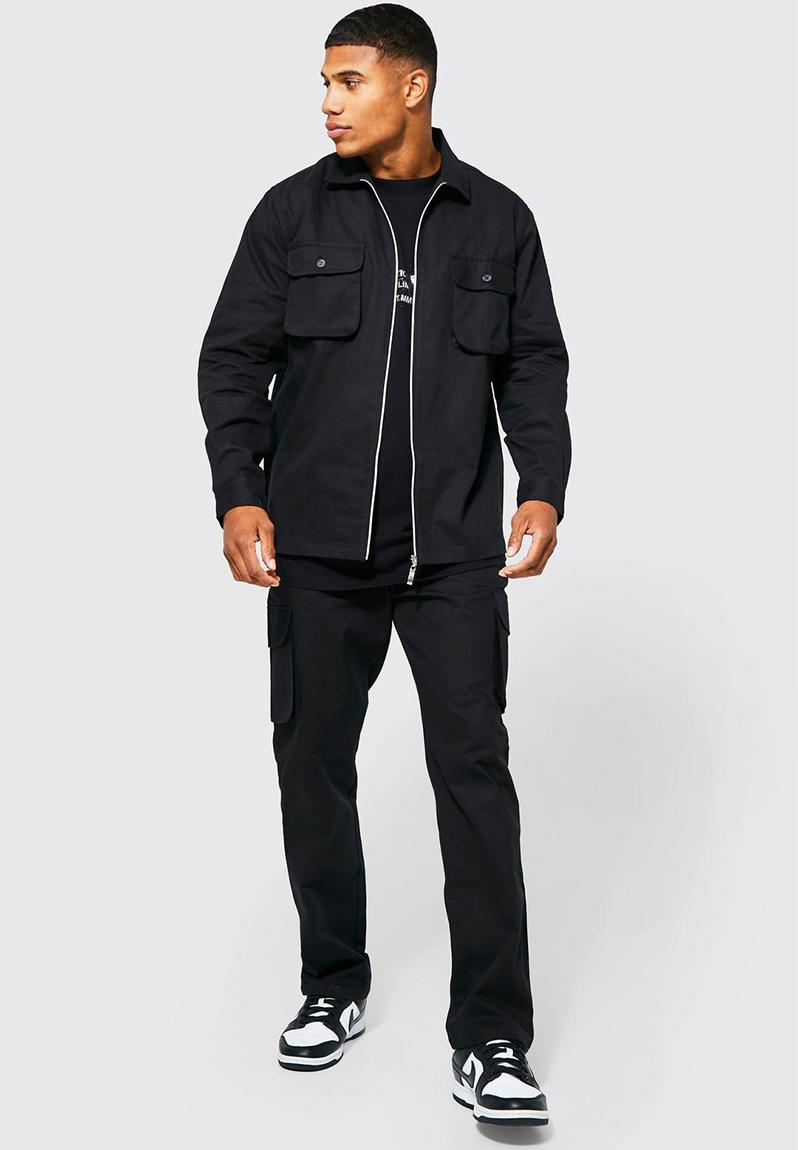 Cargo zip shirt and trouser set - black