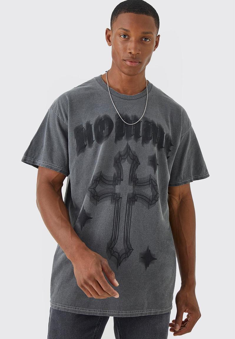 Oversized overdyed gothic homme print t-shirt - charcoal boohooMAN T ...
