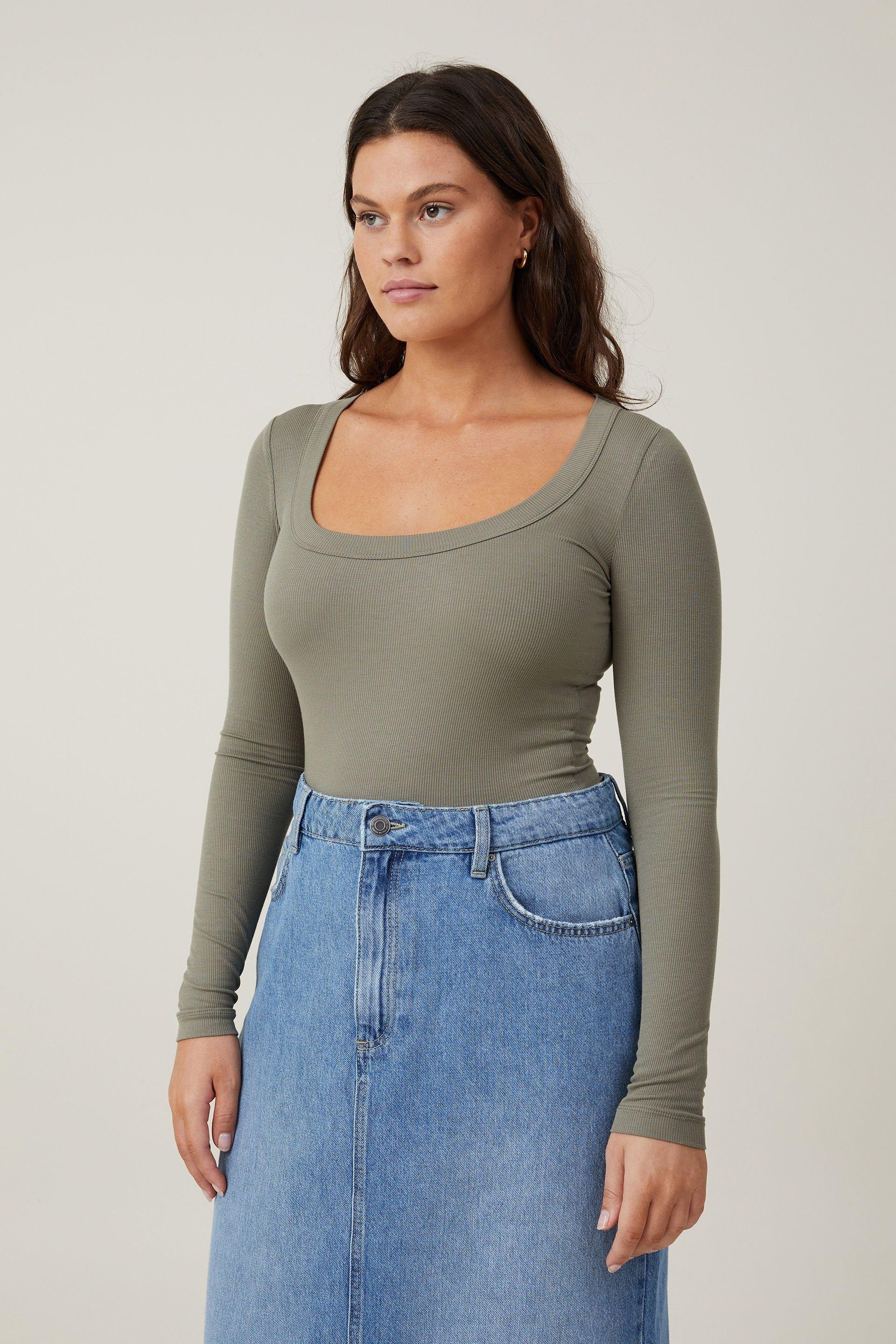 Staple Rib Scoop Neck Long Sleeve Top - Woodland Cotton On T-Shirts ...