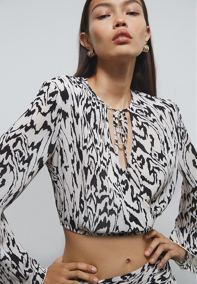 Cropped wrap blouse - cream/patterned - 1201254002