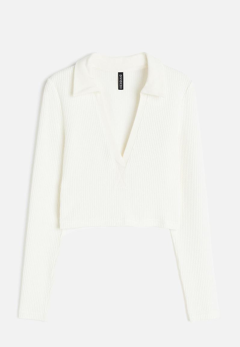 Collared jersey top - cream - 1198837002
