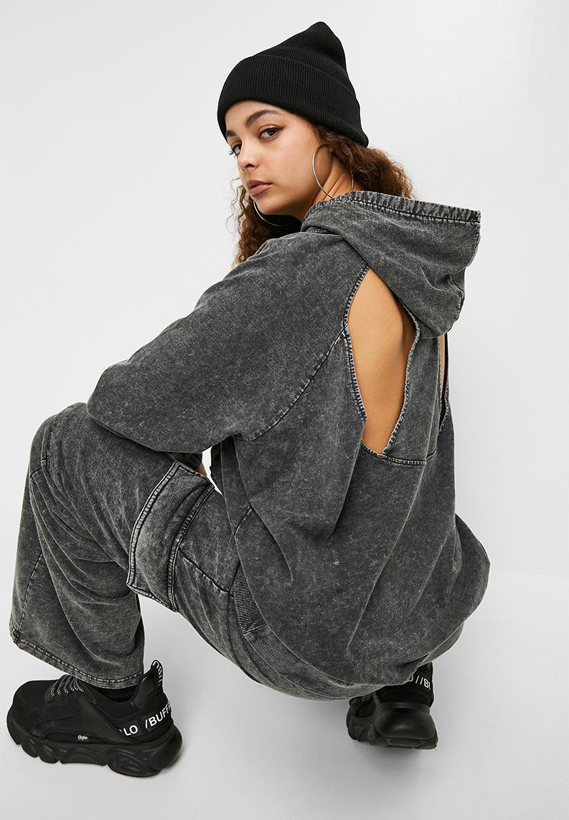 Acid wash cut out back hoodie - grey