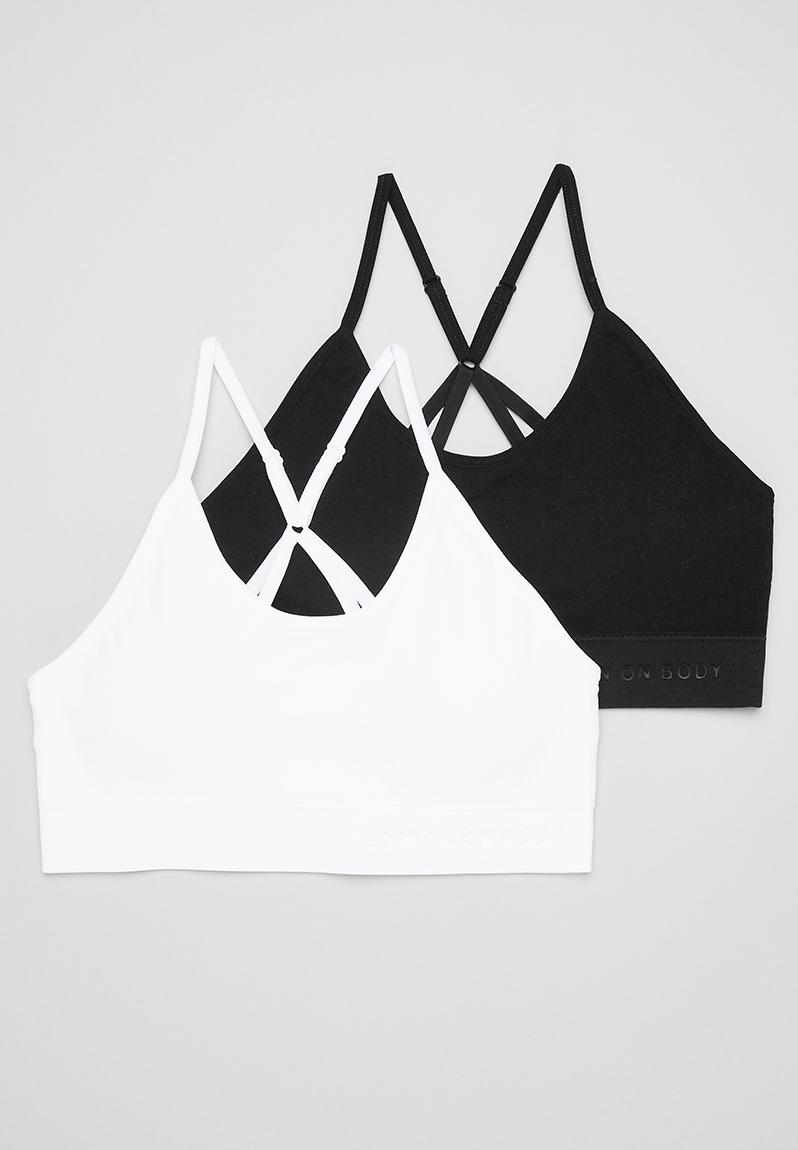 Seamless Longline Cross Over Padded Bralette 2Pk - Black/White Cotton ...