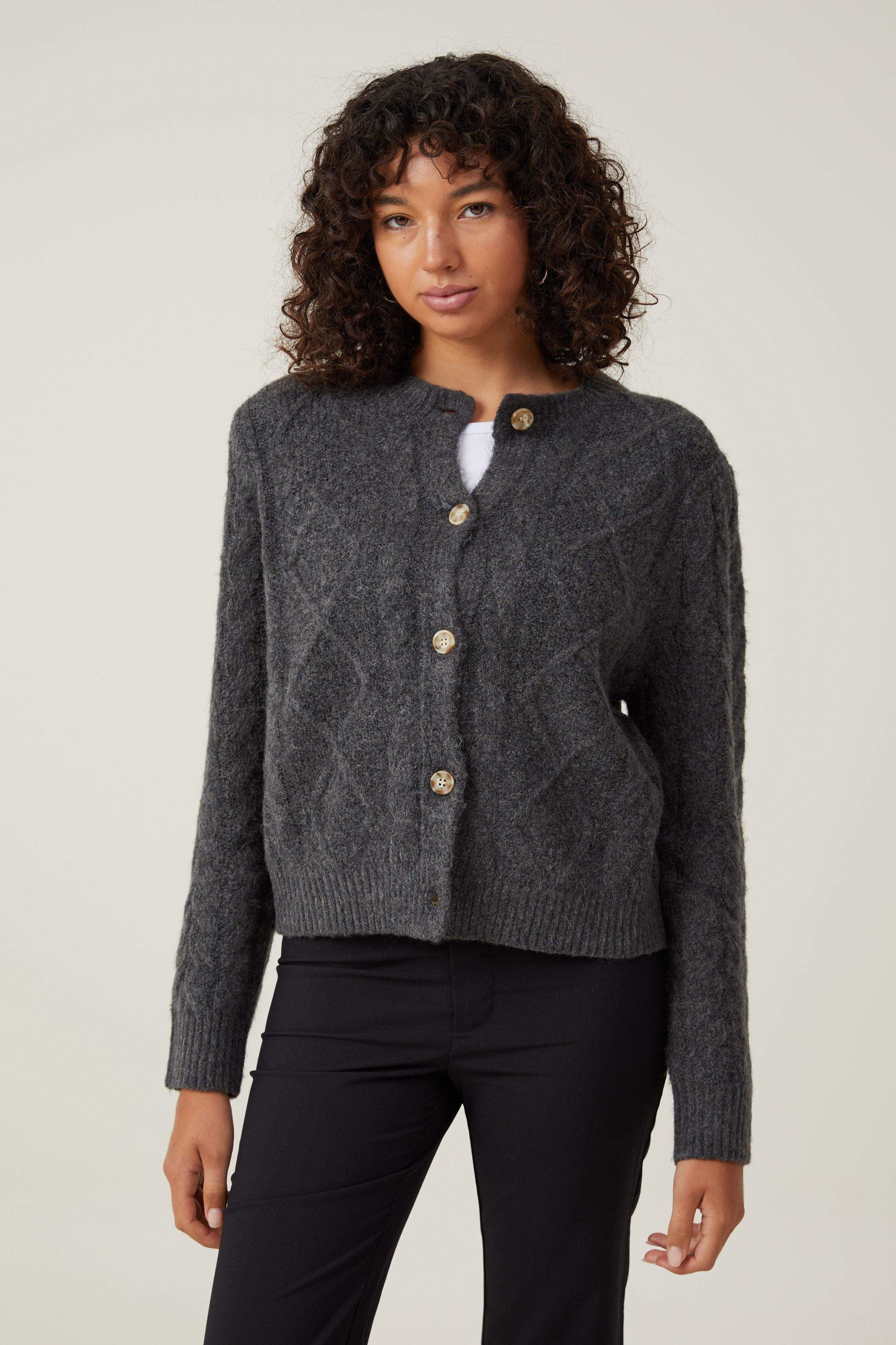 Luxe Cable Crew Cardigan - Dark Shadow Grey Marle